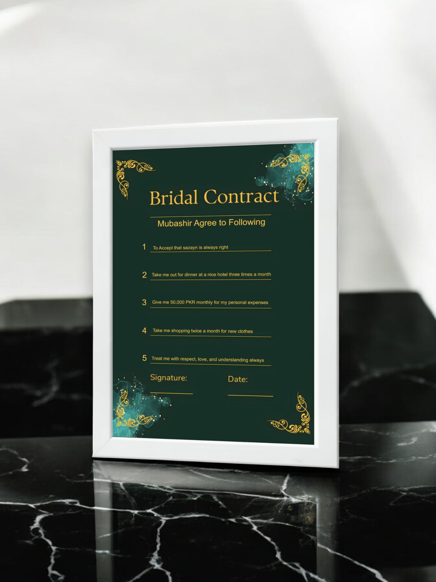 Bridal Contract Green Scroll Black - Elegant Wedding Keepsake – Nikkah Day