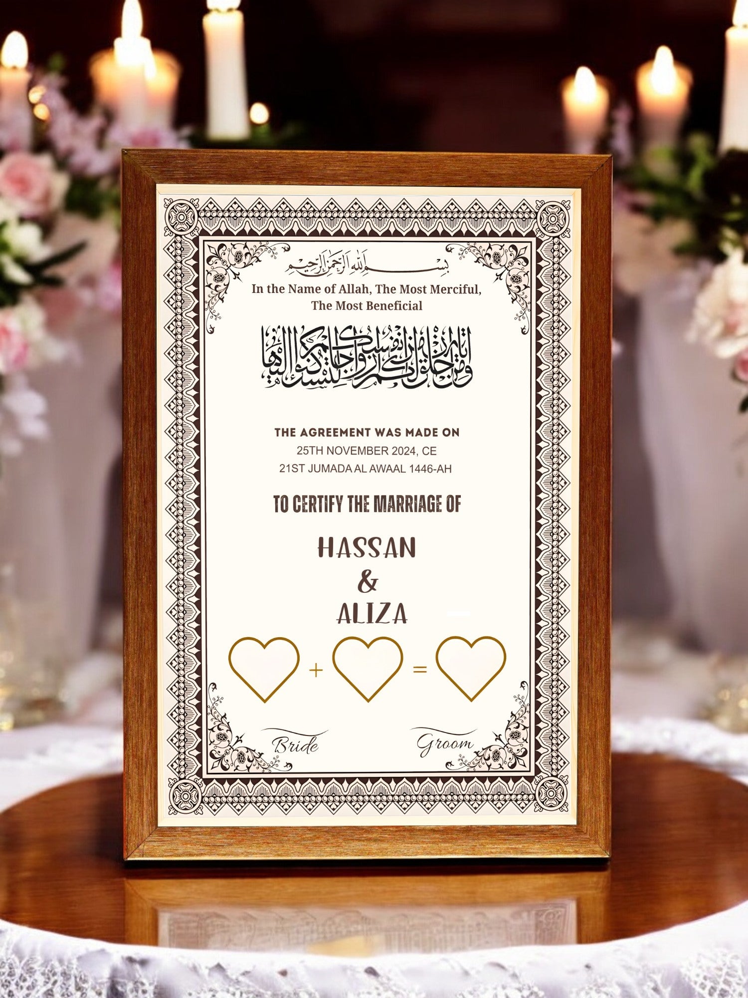Triple Hearts Premium Nikah Frame with Thumbprint Design – Nikkah Day