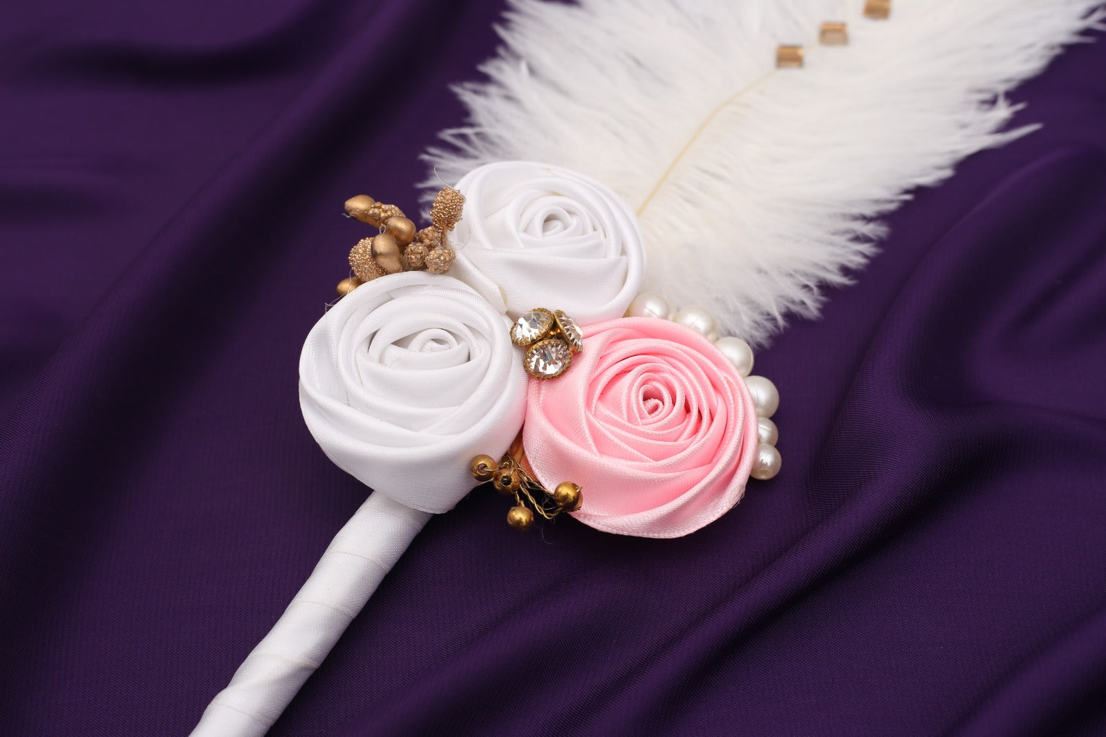 Pink Ribbon Flower With White Ostrich Fur Pen – Nikkah Day
